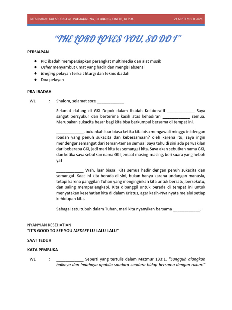 Ibadah Kolaborasi GKI Depok 2024 | PDF