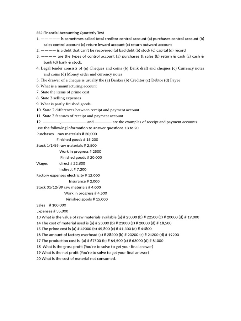 SS2 Financial Accounting Test Questions | PDF