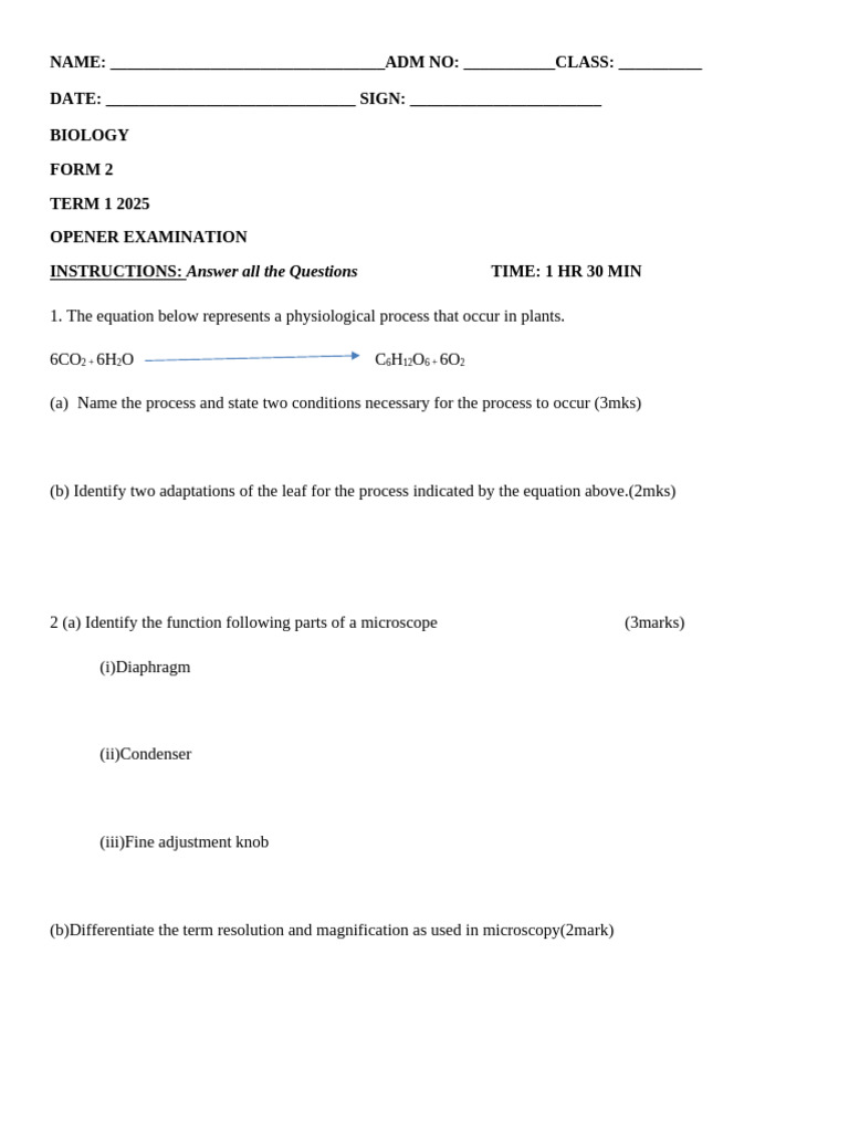 Form 2 Biology Term 1 Exam 2025 | PDF | Cell (Biology) | Biology