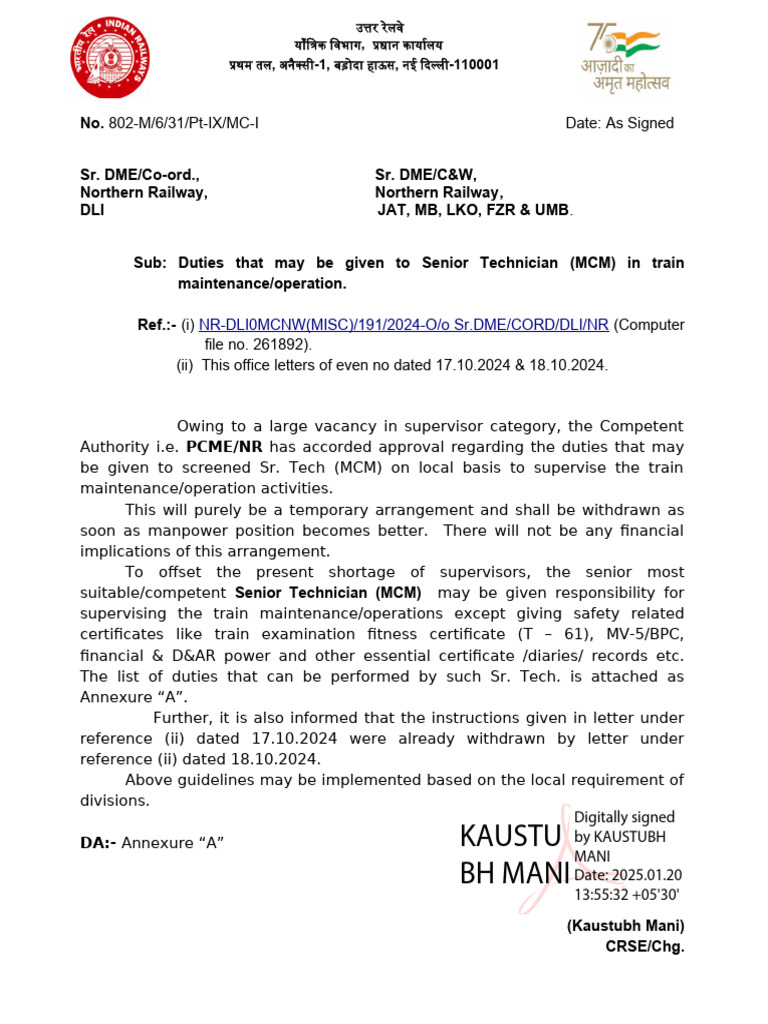 Senior Technician Duties in Railway | PDF
