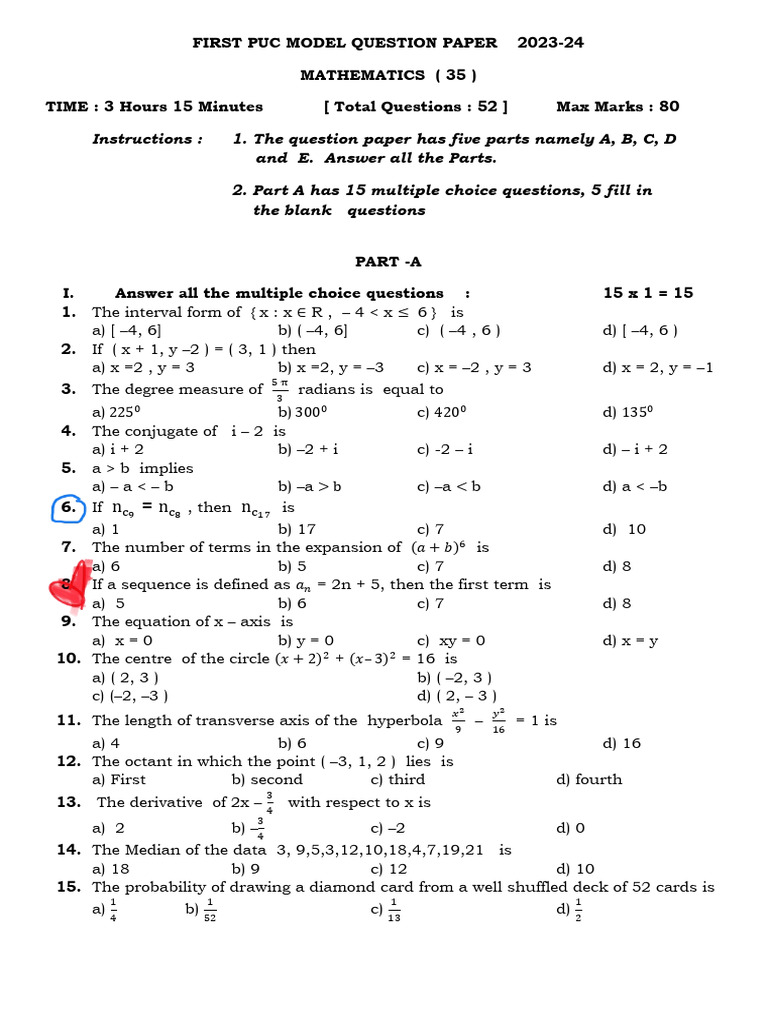 First PUC Mathematics Model Paper 2023-24 | PDF | Mathematics