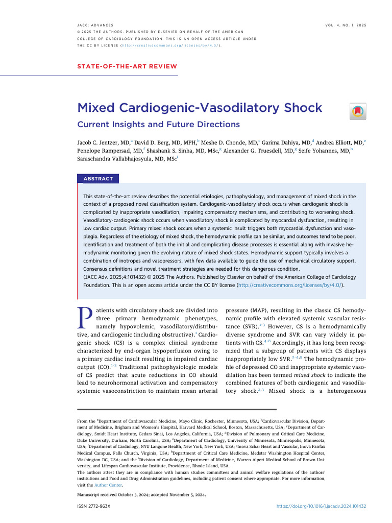Jentzer Et Al 2024 Mixed Cardiogenic Vasodilatory Shock | PDF | Shock ...