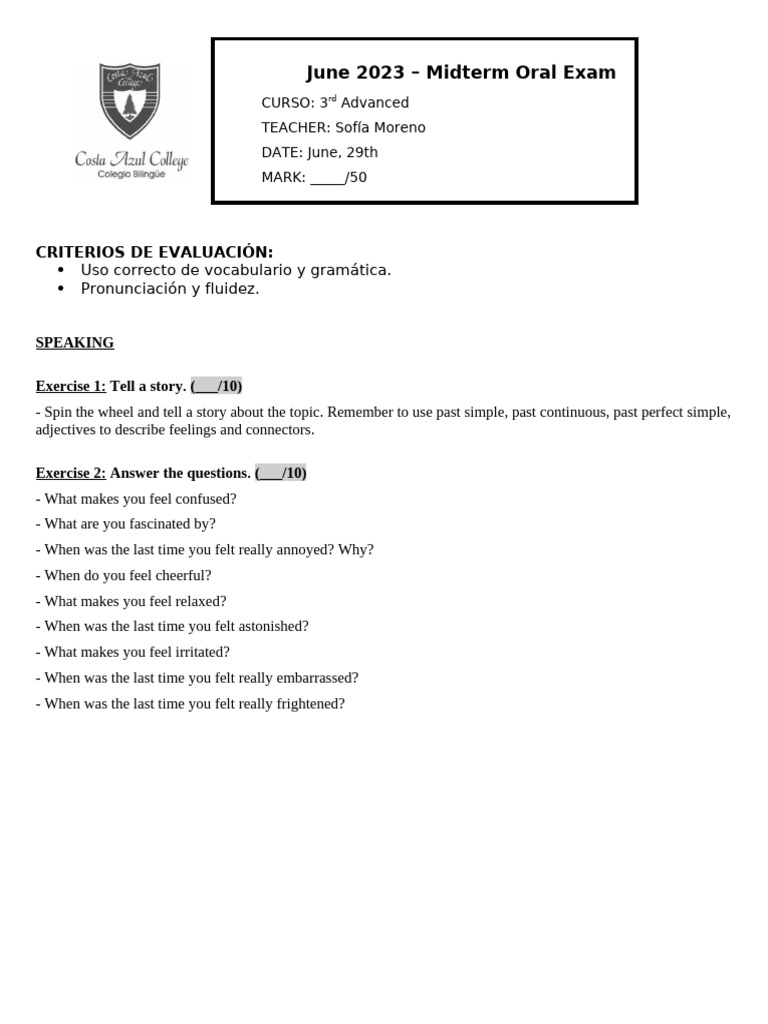 June 2023 Midterm Oral Exam Guide | PDF