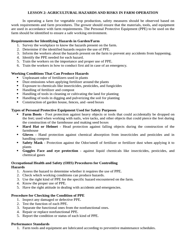 Lesson 2. Agricultural Hazards and Risks in Farm Operation | PDF ...