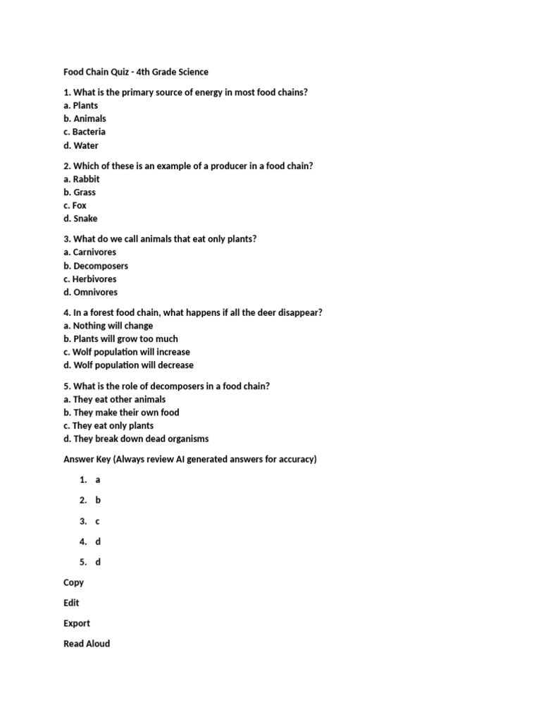 4th Grade Food Chain Quiz Questions | PDF