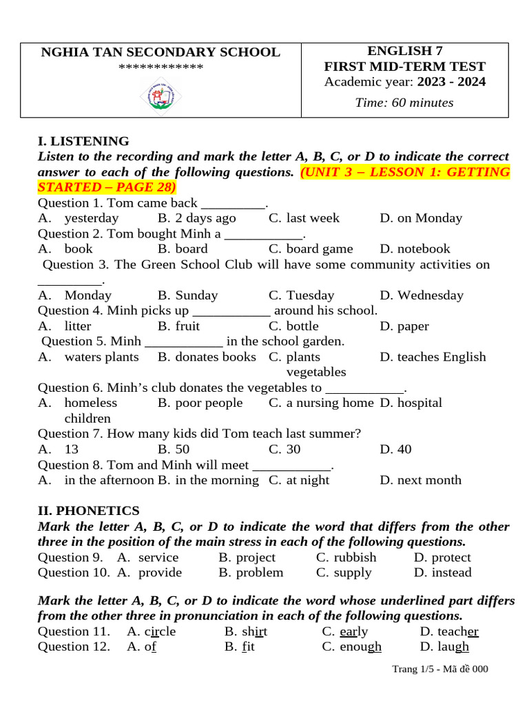 Anh 7 - Đề GHKI số 1 (2023-2024) | PDF | Aerobic Exercise | Human Powered Transport