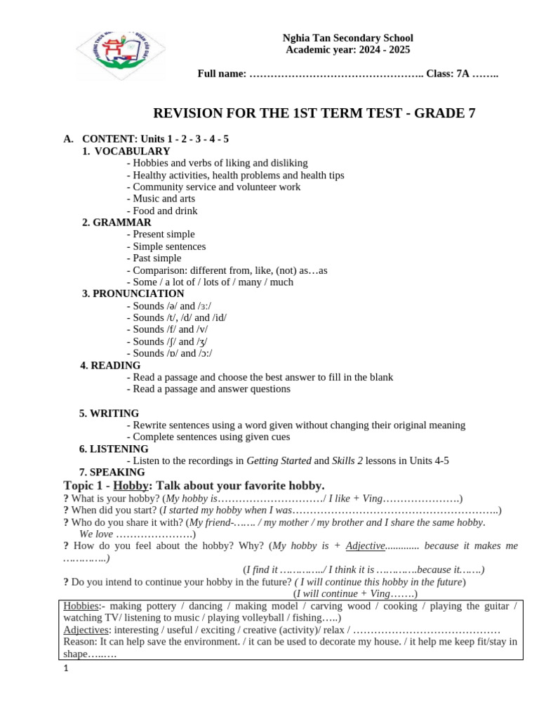 Anh 7 - Đề Cương HKI (2024-2025) | PDF | Sunscreen | Cuisine