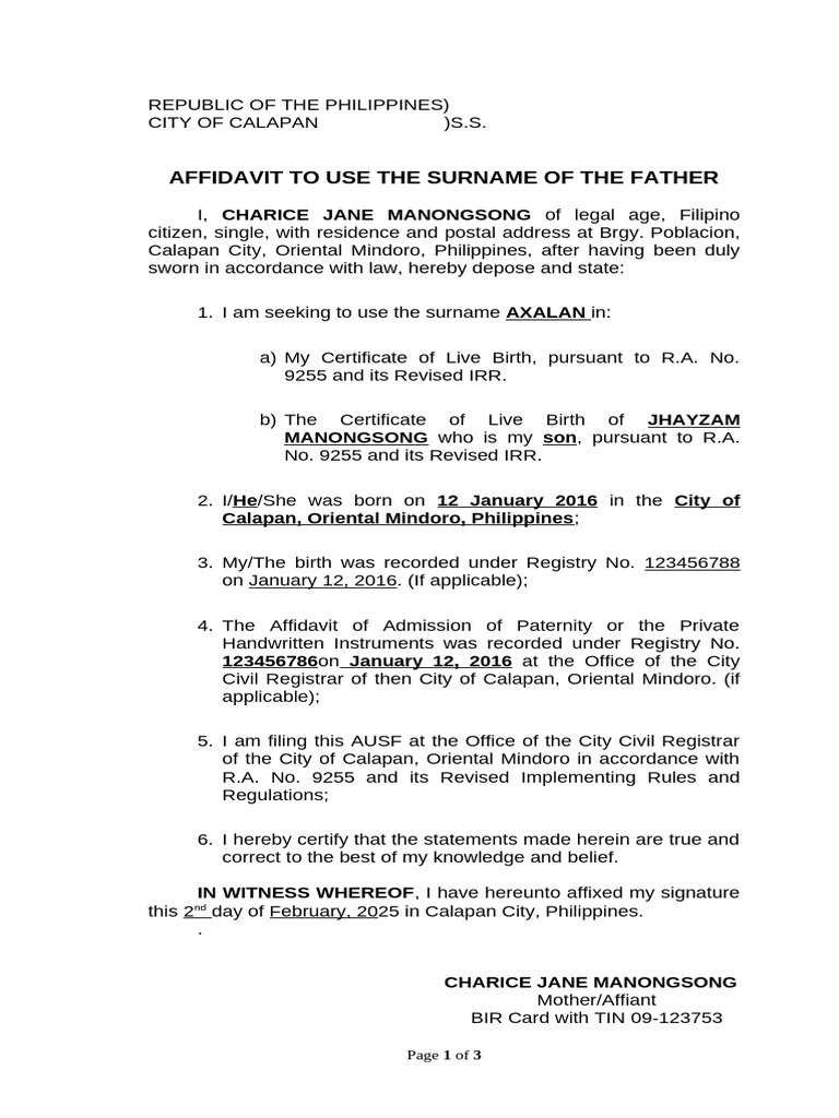 FORM No. 10-Affidavit of Use of Surname of The Father | PDF | Affidavit ...