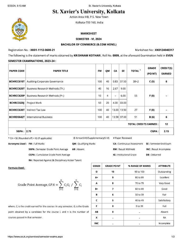 sem 6 marksheet | PDF