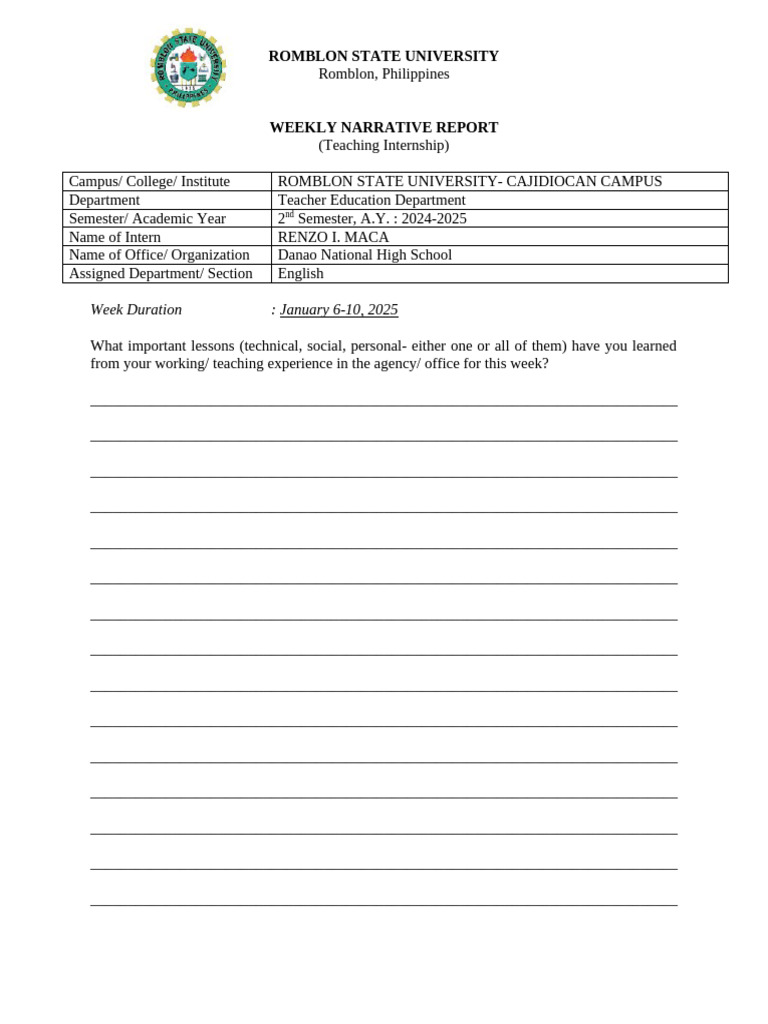 WEEKLY NARRATIVE REPORT Template | PDF