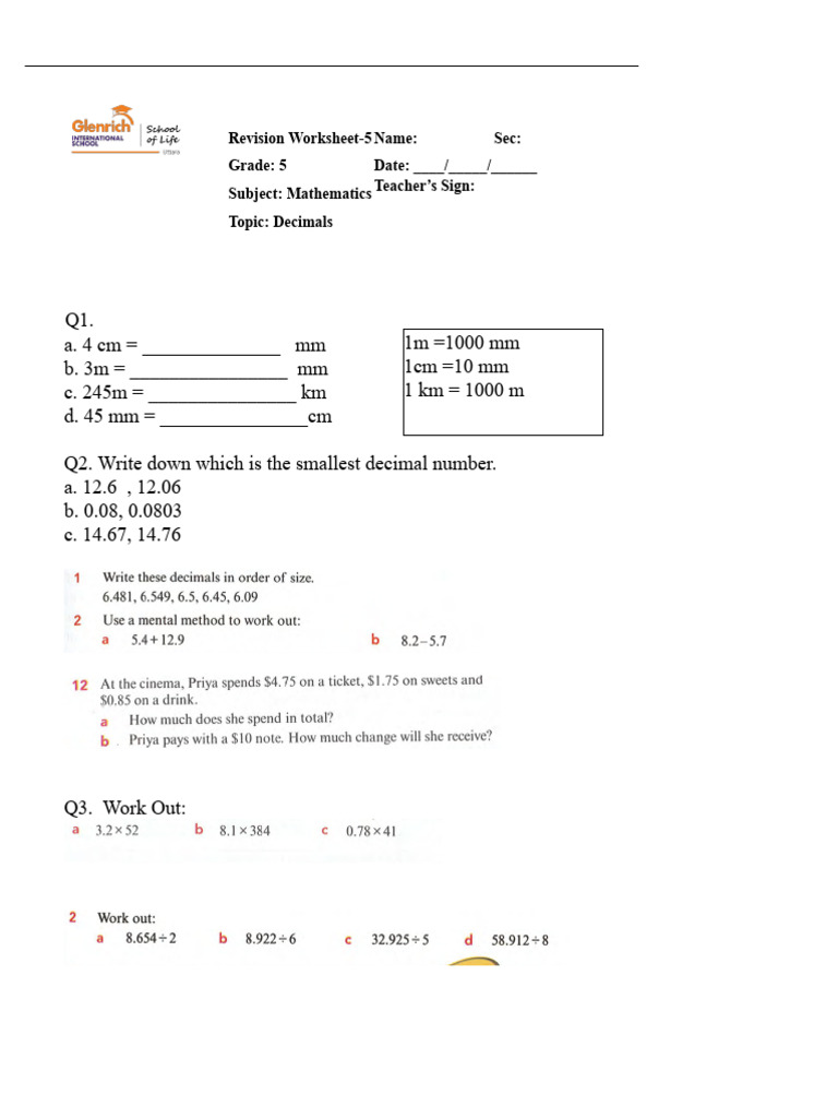 Grade 5 Decimal Practice Sheet | PDF