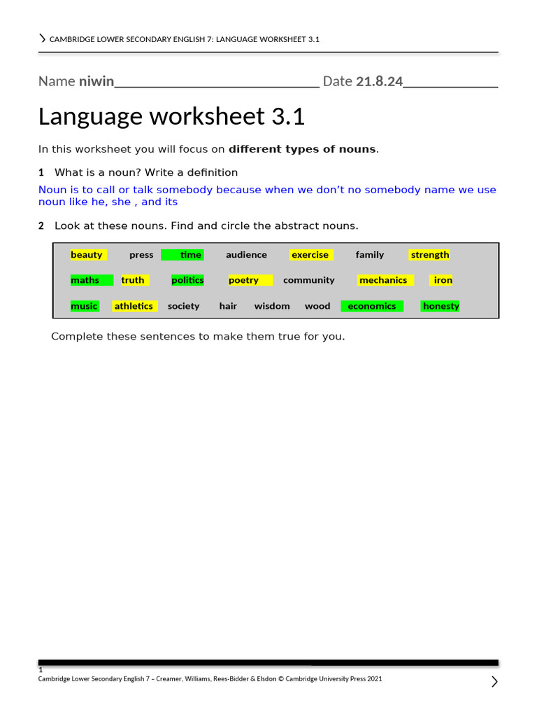 LS_English_7_Lang_Worksheet_3.1 | PDF | Noun | English Language