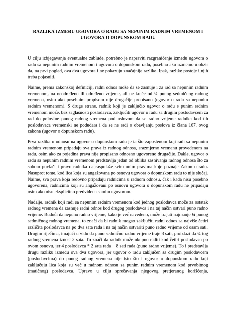 RAZLIKA IZMEĐU UGOVORA O RADU SA NEPUNIM RADNIM VREMENOM I UGOVORA O ...