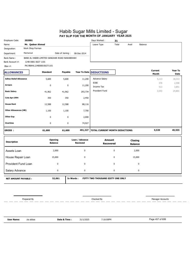 Mr. Qadeer Ahmed 202001 Head Office Staff Jan 2025 | PDF