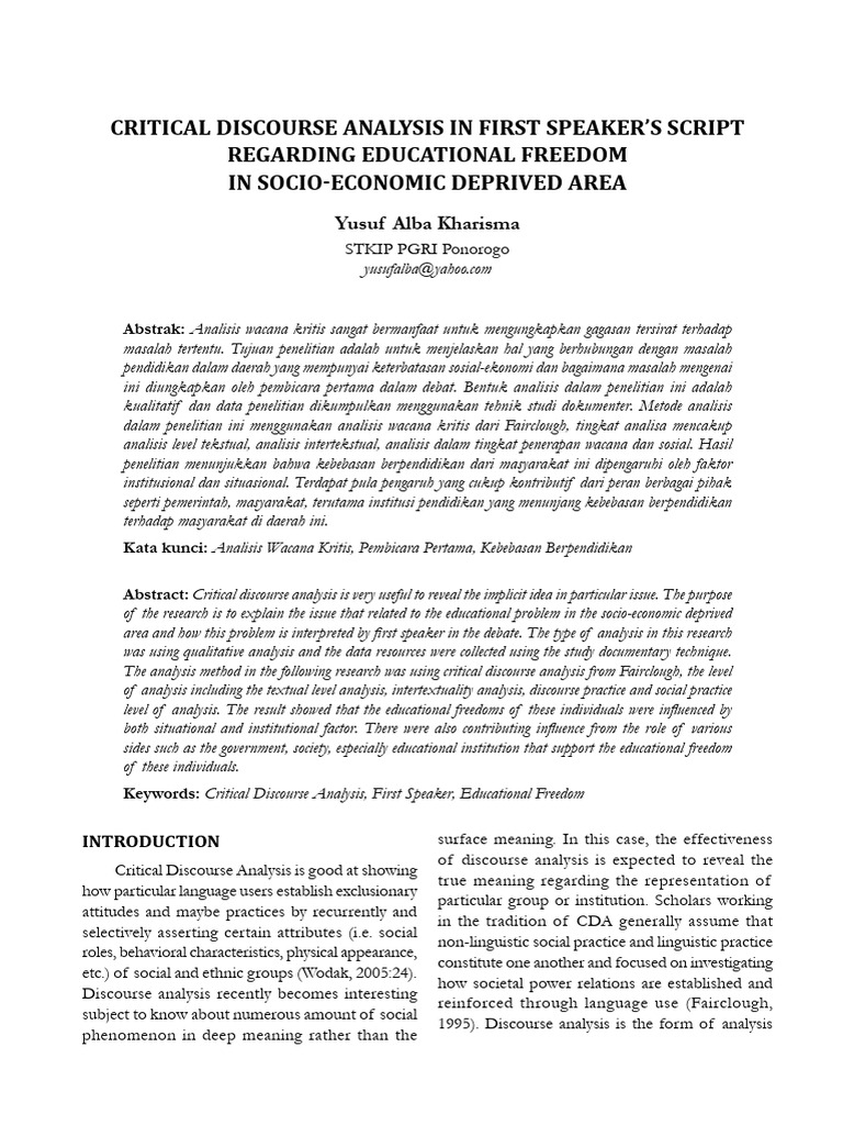 Yusuf Alba Kharisma Critical Discourse Analysis in First Speakers Script Regarding Educational ...
