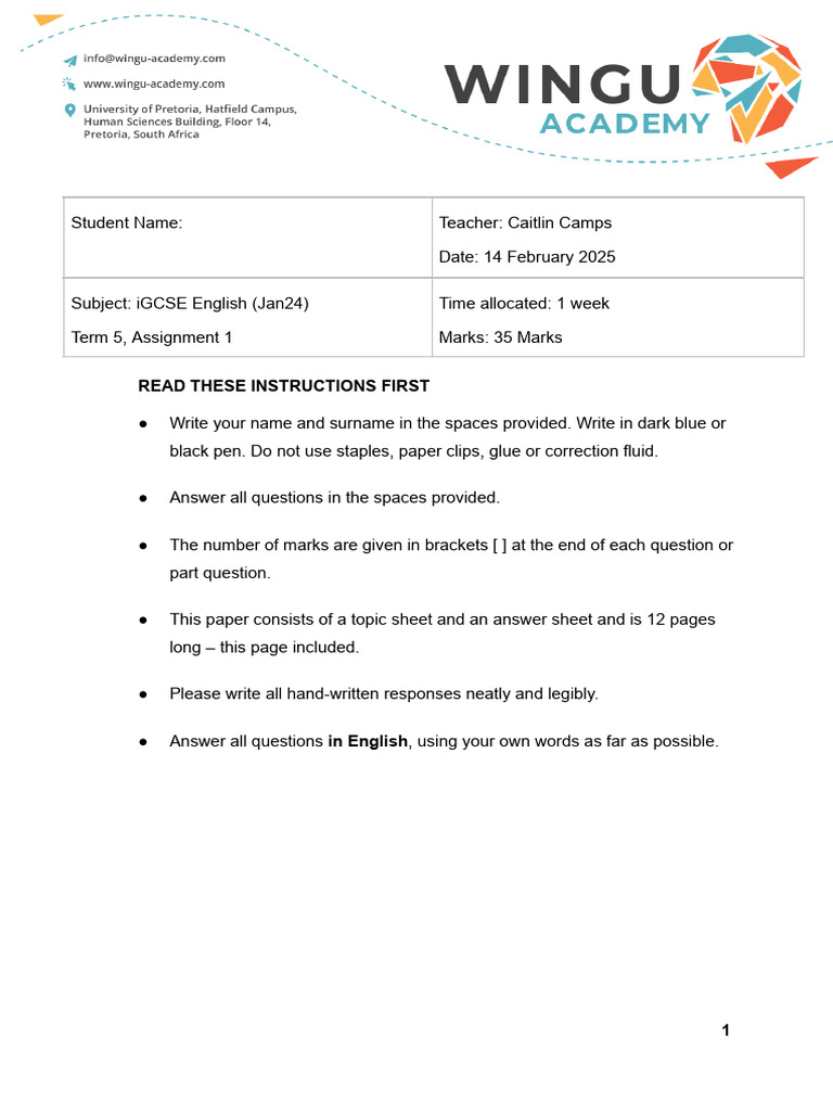 iGCSE Jan24, English, Term 5 - Assignment 1 | PDF | Poetry | Writing