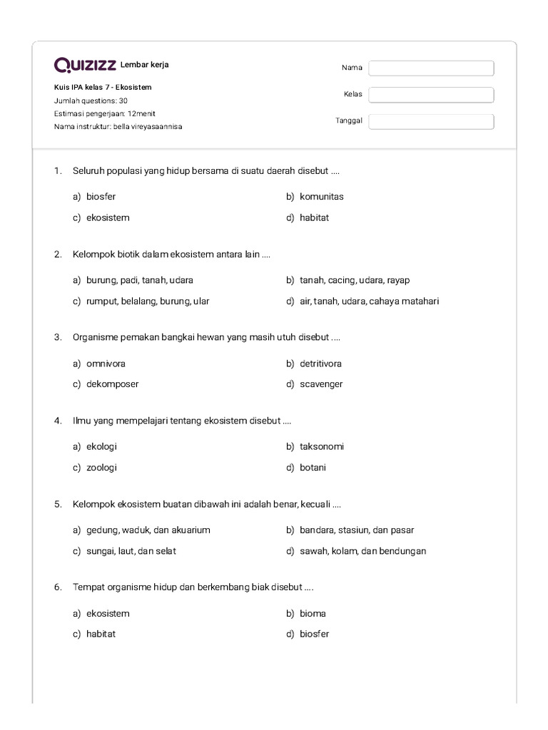 Kuis IPA Kelas 7 - Ekosistem - Quizizz | PDF