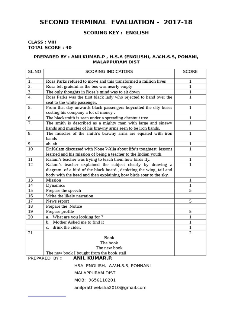 STD 8 Second Term Exam 2017 Answer Key English (By Anil Sir) | PDF