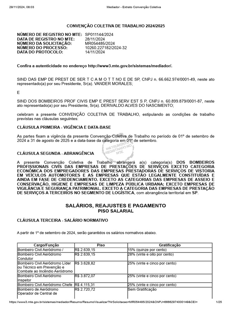 CCT Sindibombeiros 2024-2025 | PDF | Salário | Hora extra