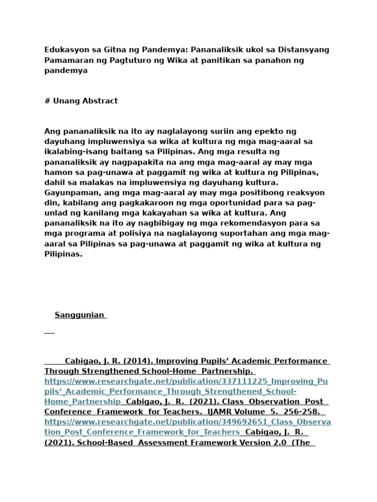 Edukasyon Sa Gitna NG Pandemya - Pananaliksik Ukol Sa Distansyang Pamamaran NG Pagtuturo NG Wika ...
