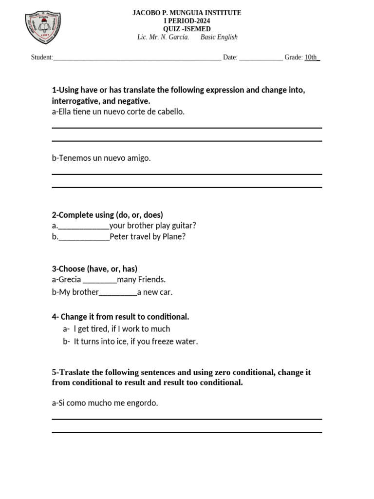 Basic English Quiz: Grammar Exercises | PDF