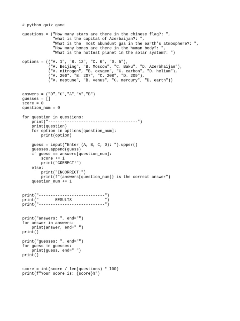 Quiz Game Code Example | PDF