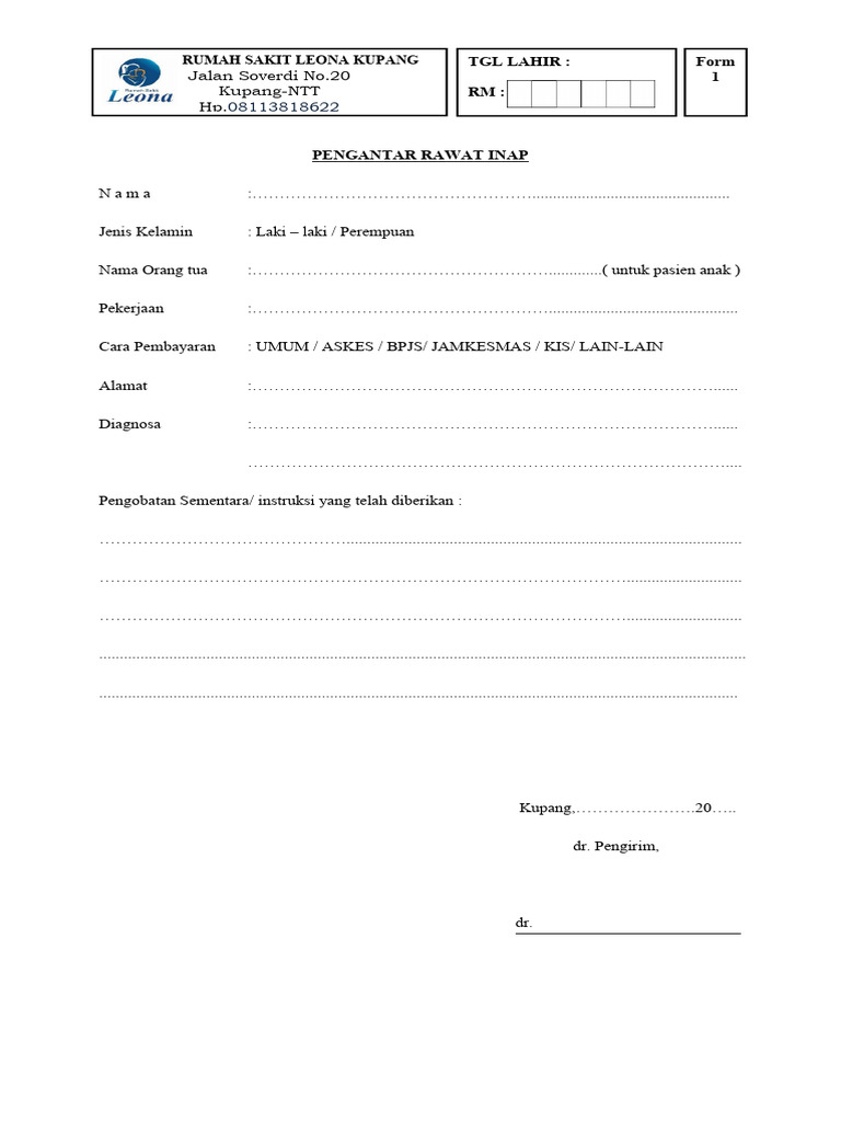 A. FORM. 1 PENGANTAR RAWAT INAP | PDF
