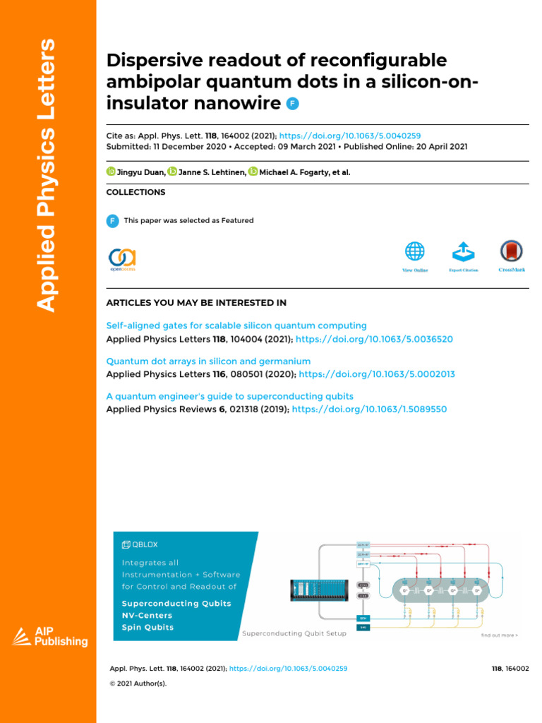 Dispersive Readout of Reconfigurable Ambipolar Quantum Dot | PDF | Field Effect Transistor | Mosfet