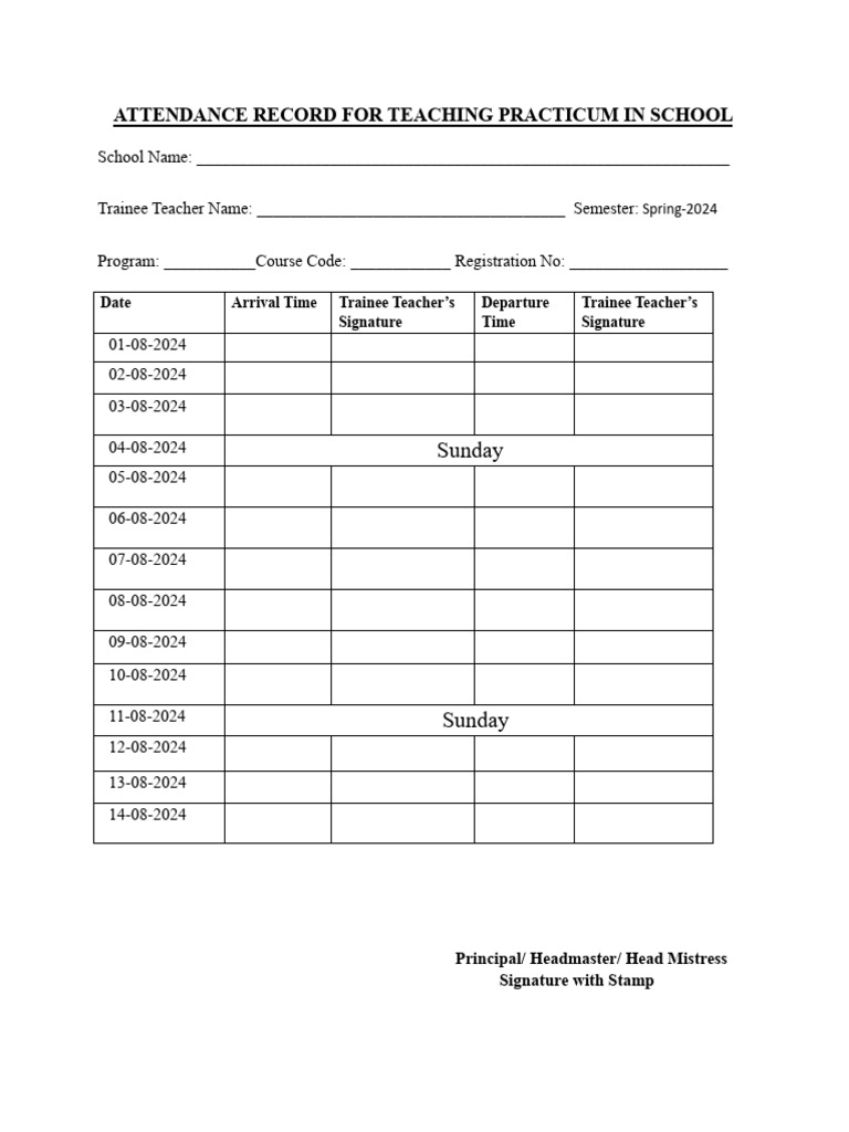 6996 8607 Attendance Sheet Teaching Practice | PDF