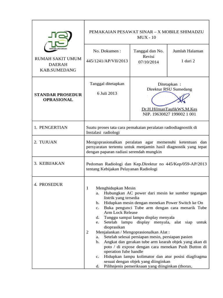 Prosedur Operasional X-Ray Mobile RSU Sumedang | PDF