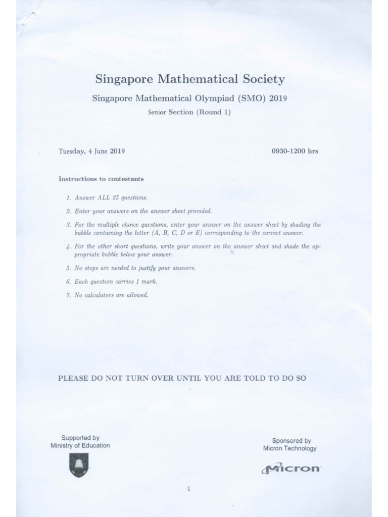 Senior Section - First Round - SMO Singapore Mathematical Olympiad 2019 | PDF