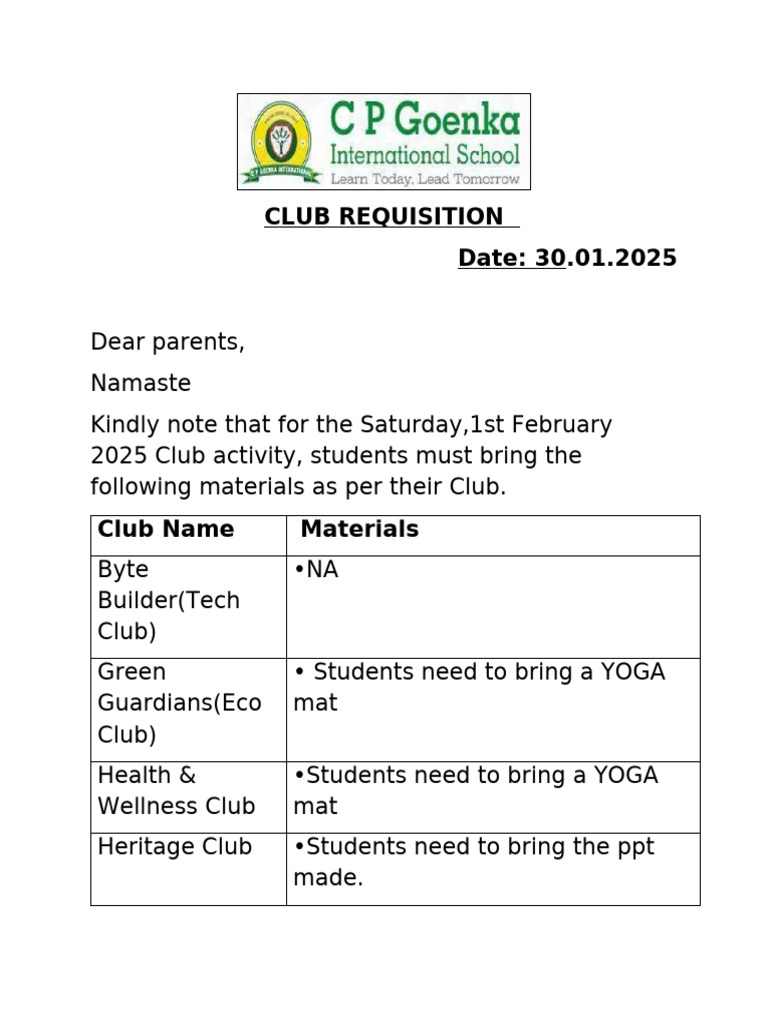 Club Requisition (1st February) | PDF
