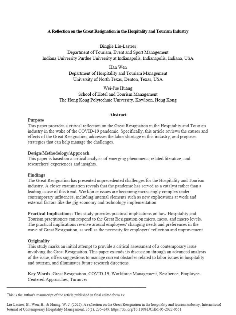 A Reflection on the Great Resignation in the Hospitality and Tourism ...