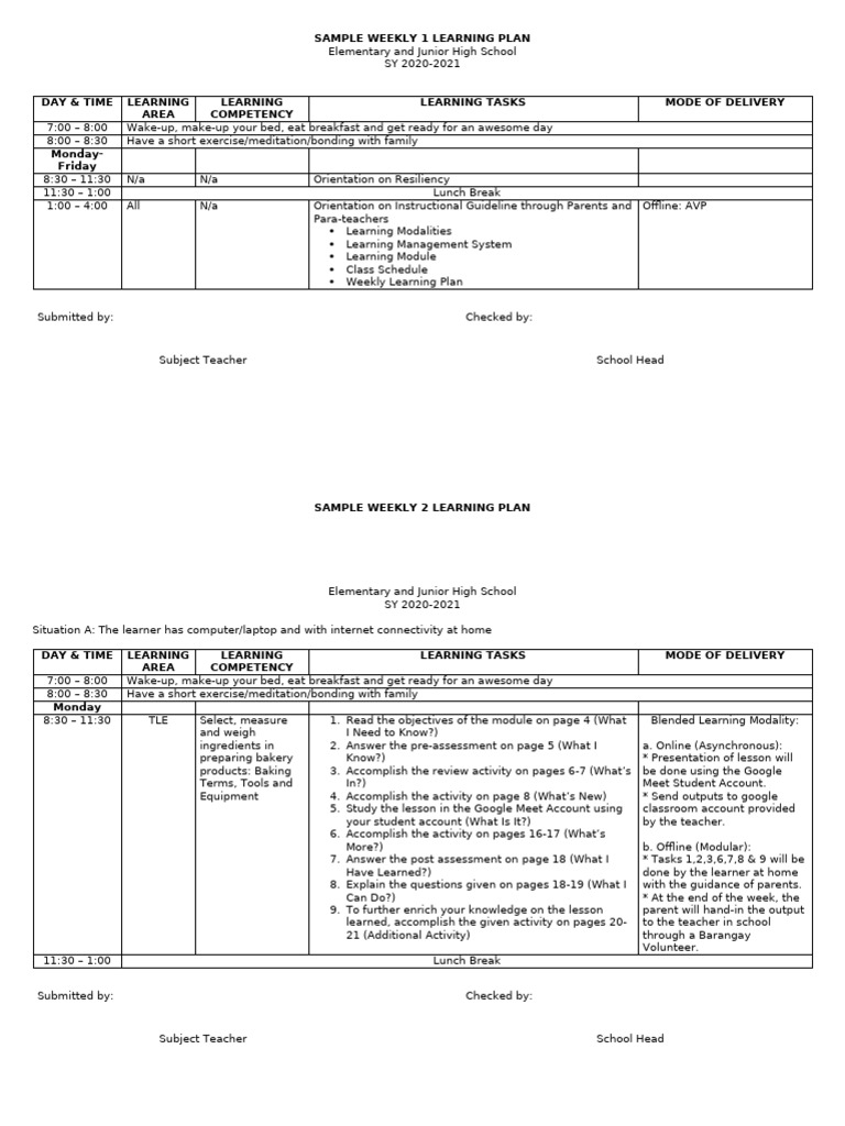sample weekly learning plan 2020 (1) | PDF | Learning | Teachers