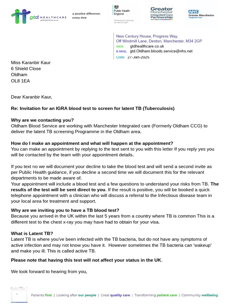 Latent Tuberculosis Screening Invitation First Letter KAUR - Karanbir ...