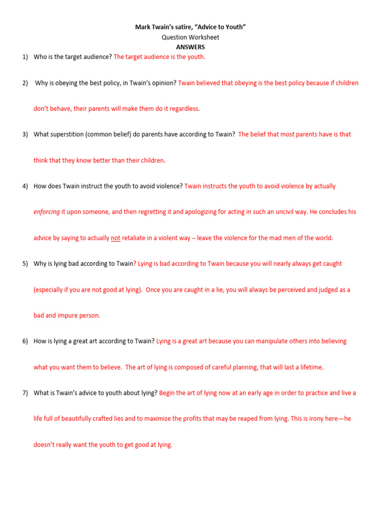 Question Worksheet KEY | PDF | Mark Twain