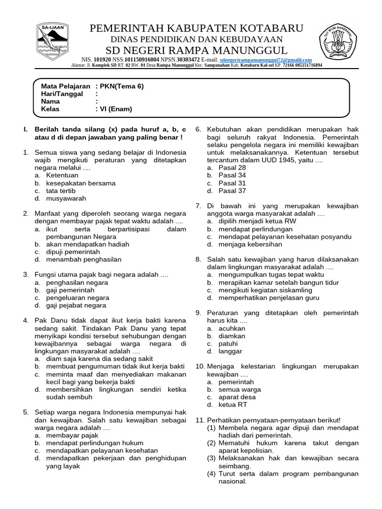 Soal Tema 6 Kelas 6 Semester 2 T.A 2022-2023 PKn | PDF