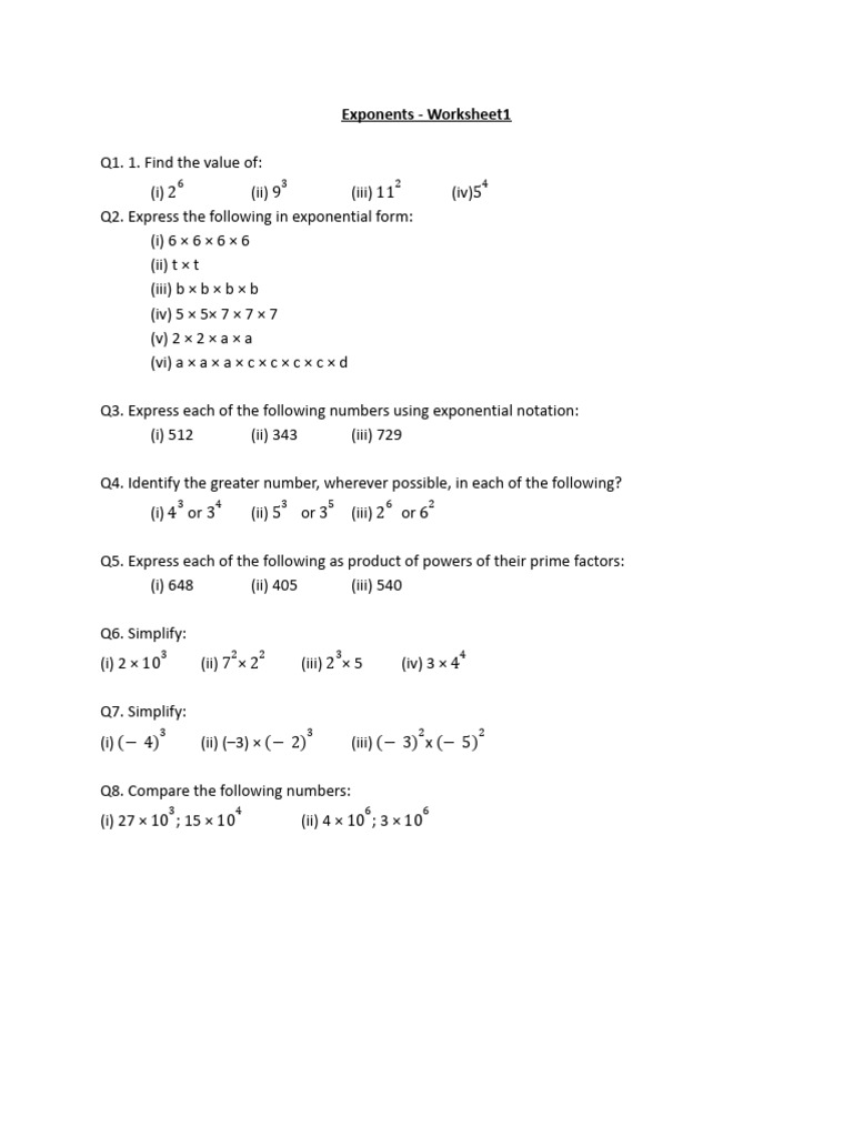 Exponents - Worksheet1 | PDF