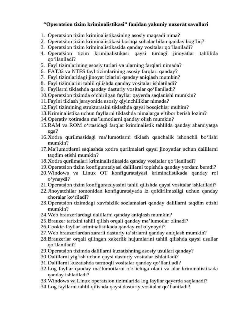 "Operatsion Tizim Kriminalistikasi" Fanidan Yakuniy Nazorat Savollari | PDF
