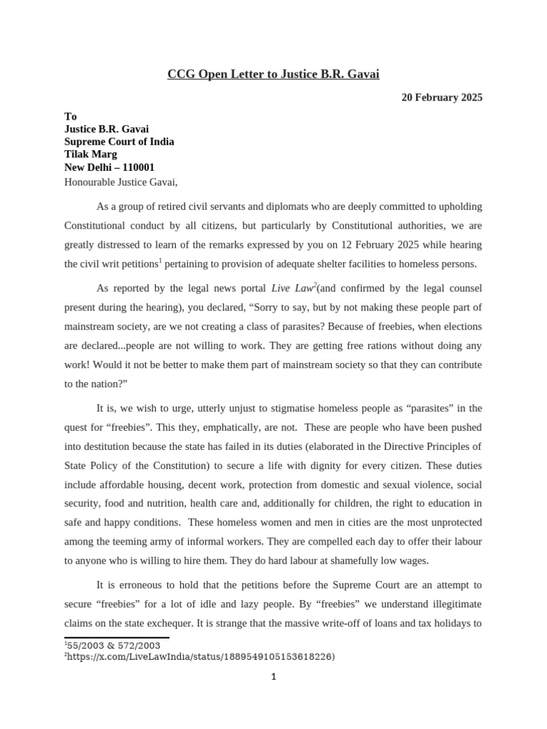 Open Letter To Justice Gavai | PDF | Homelessness | Government Of India