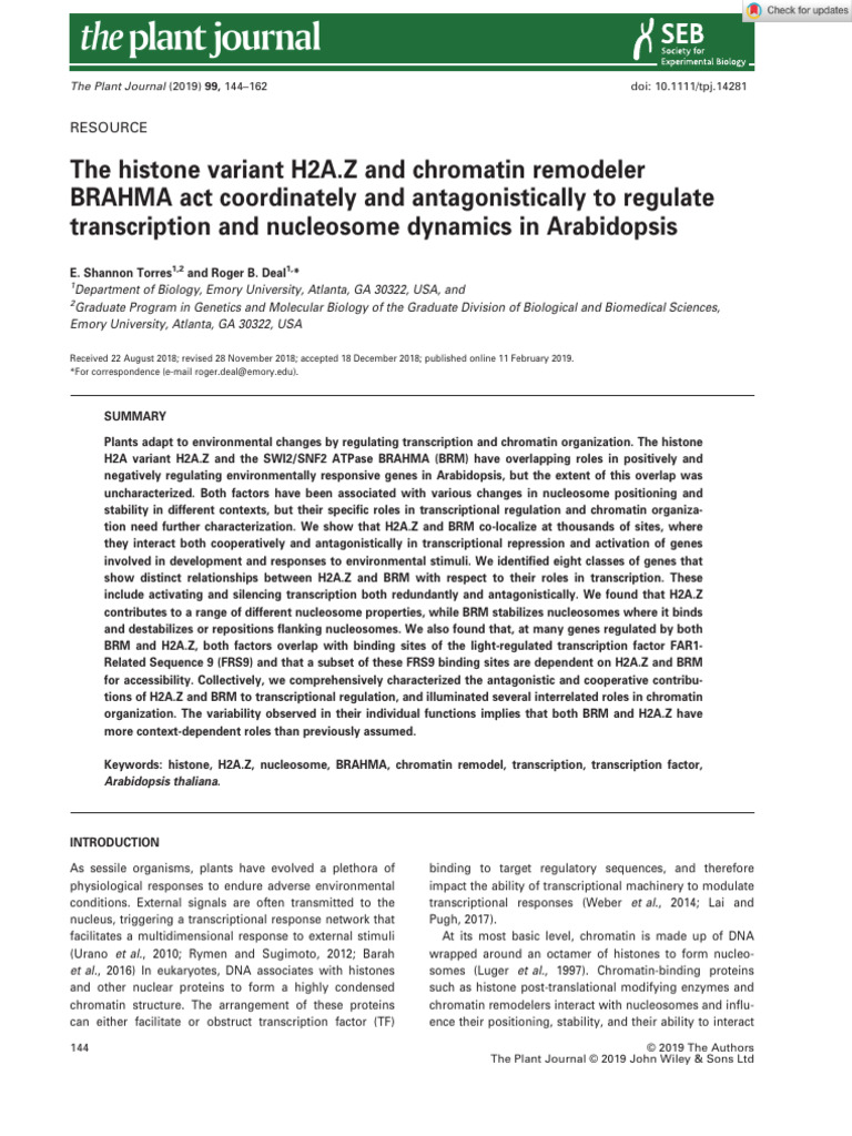 The Plant Journal - 2019 - Torres - The histone variant H2A Z and chromatin remodeler BRAHMA act ...