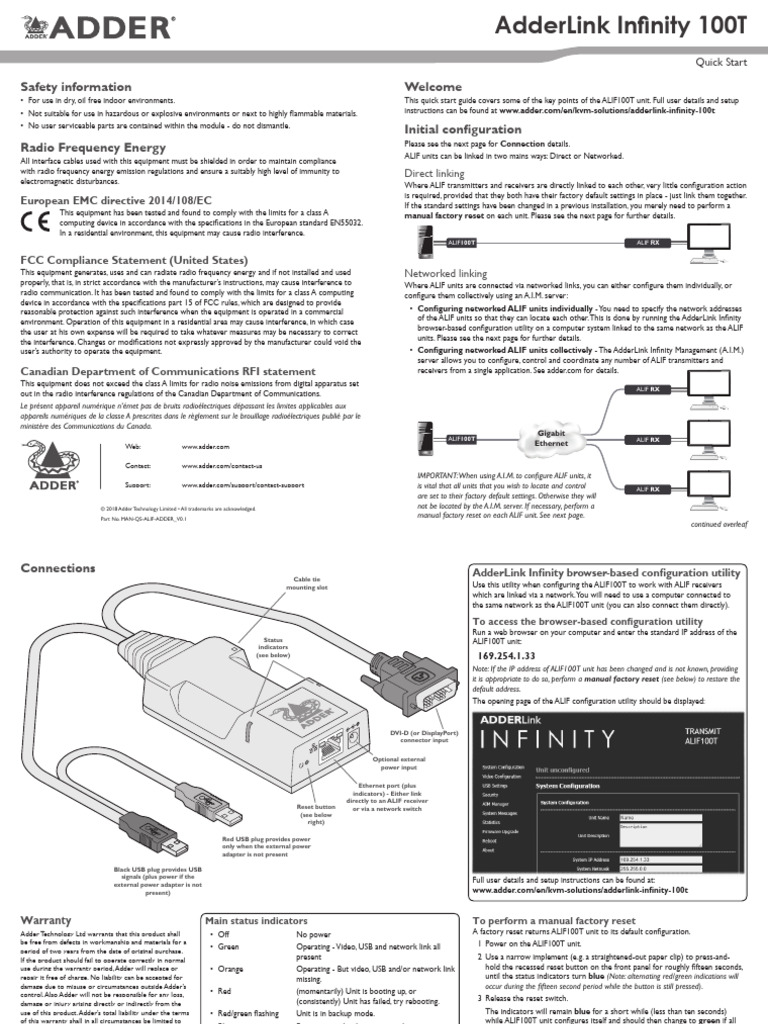 adderlink_infinity_100t_quick_start_guide_v0-1 | PDF | Electromagnetic Interference | Computer ...