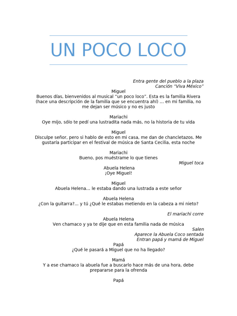 Musical "Un Poco Loco": Miguel y su Pasión por la Música | PDF