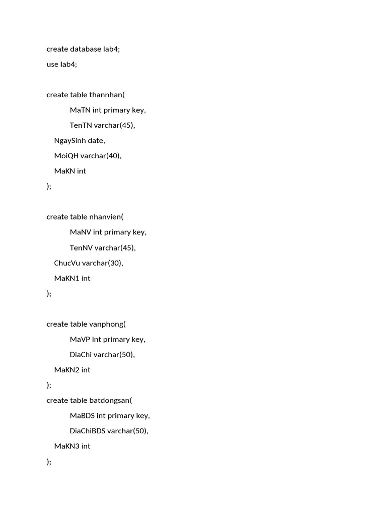 SQL Database Creation for Lab4 | PDF