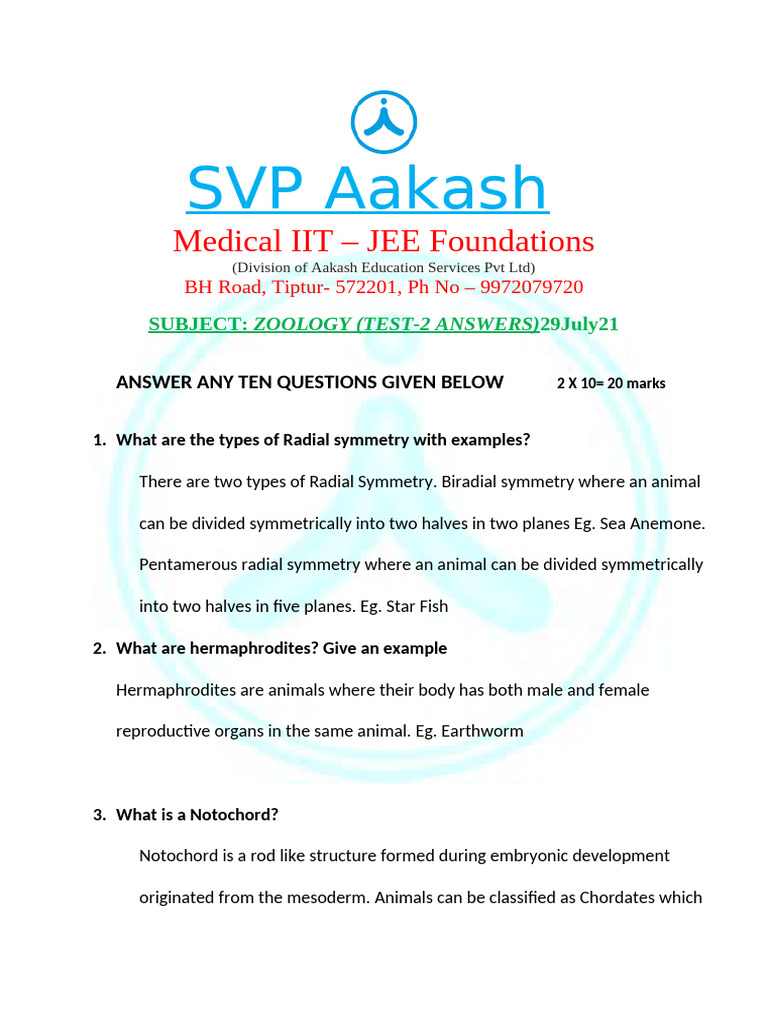 02-Question Paper Test-2 | PDF | Biology | Zoology