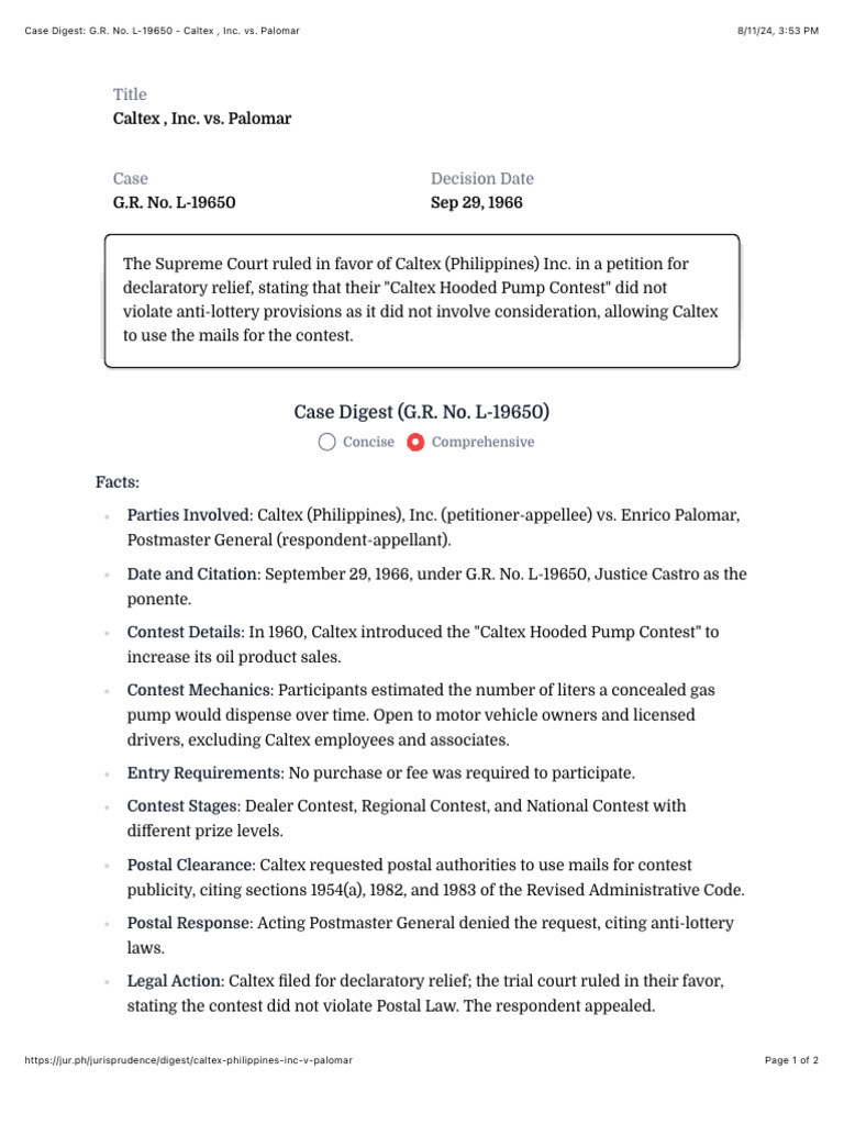 SAMPLE Case Digest: G.R. No. L-19650 - Caltex, Inc. vs. Palomar | PDF | Supreme Court Of The ...