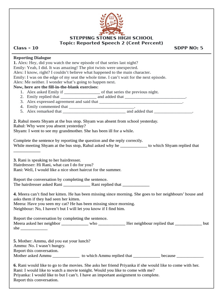 Reported Speech Exercises for Class 10 | PDF