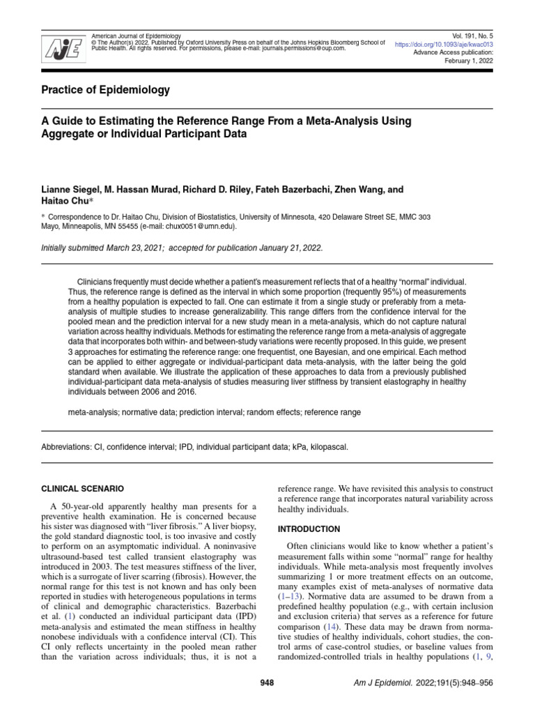 A Guide To Estimating The Reference Range From A Meta-Analysis Using Aggregate or Individual ...