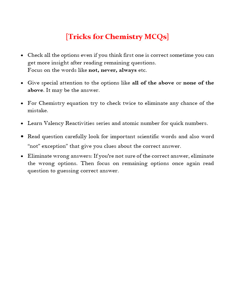 Chemistry MCQ Tips and Tricks | PDF