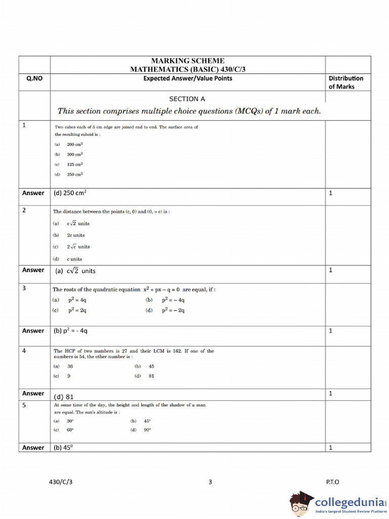 CBSE Class 10 Mathematics Basic Compartment Answer Key 2023 Set 3 430 C ...
